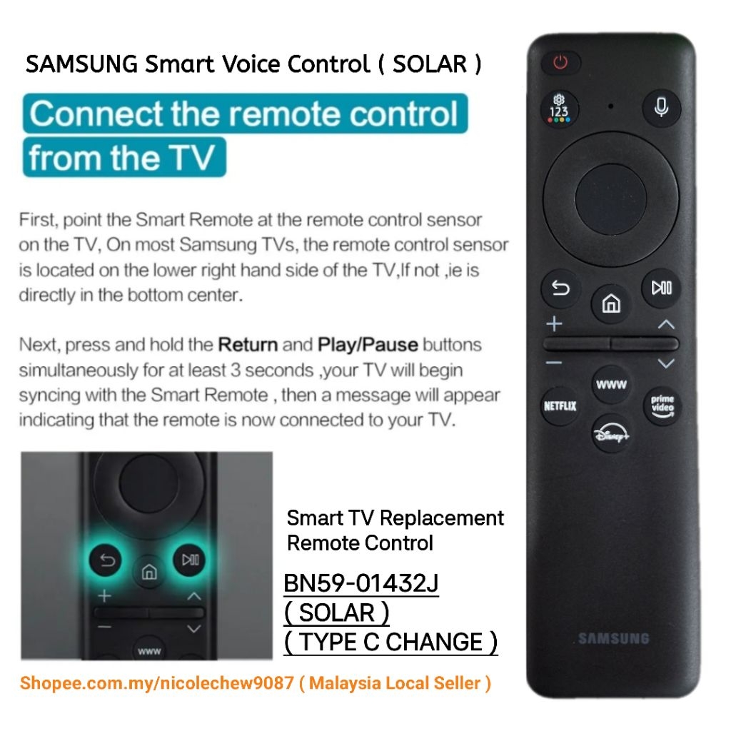 Samsung Solar BN59-01432J Smart Led TV Replacement Remote Control With ...