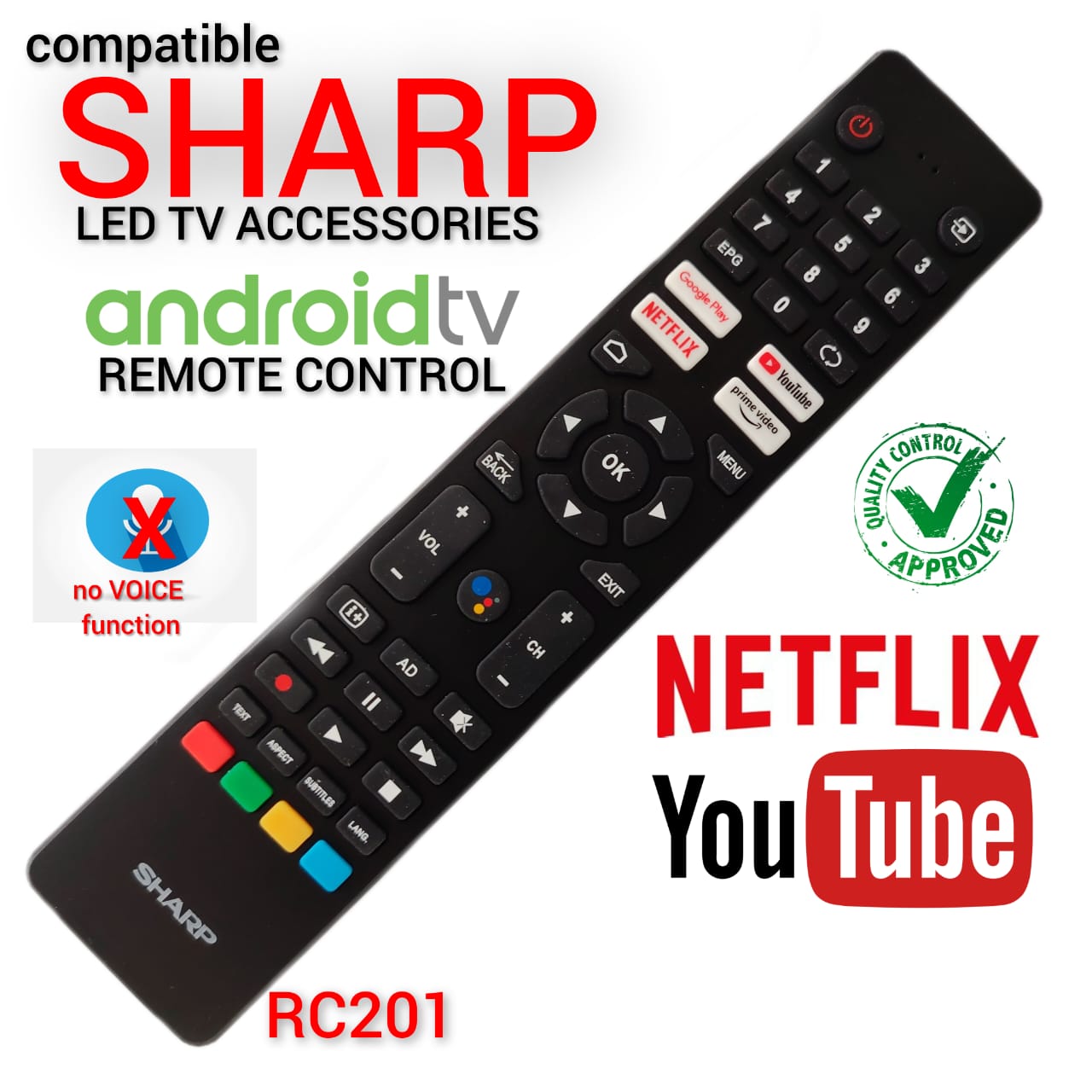 (OEM NO VOICE FUNCTION) Sharp RC201 Android Smart TV Remote Control ...
