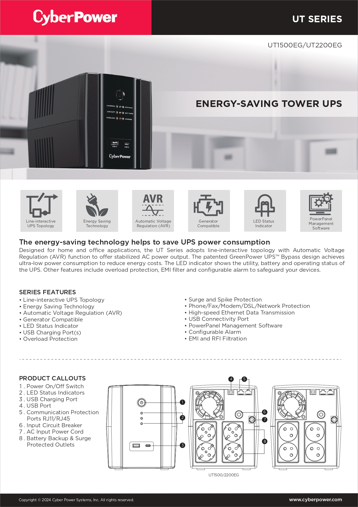CyberPower Energy Saving Battery Backup Tower UPS With Power Panel ...