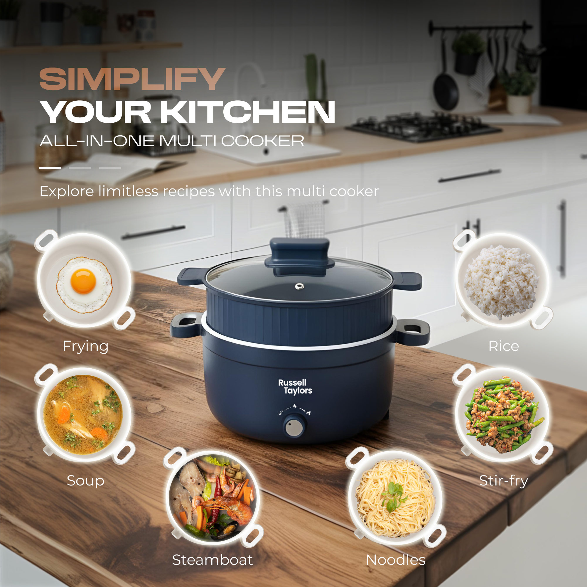 Russell Taylors Multi Cooker Ceramic Non Stick Electric Cooker (4.4L ...