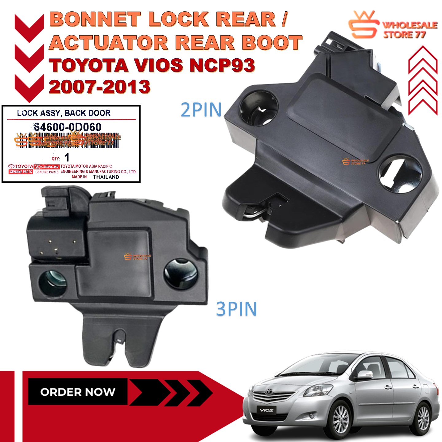 ORIGINAL | Toyota Vios NCP93 2008-2010 Rear Bonnet Inner Lock 2 PIN /3 ...
