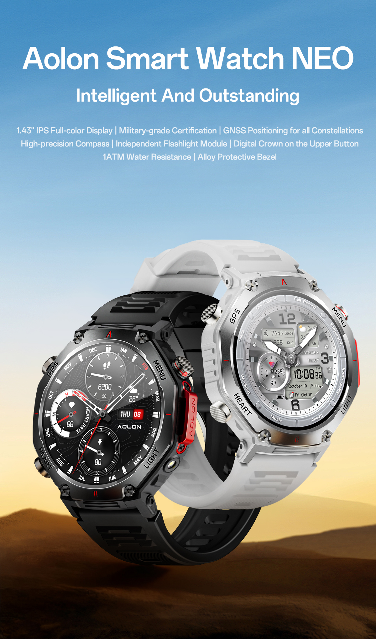 Aolon NEO GPS Smart Watch 1.43" HD Display Compass 24-hour Health ...