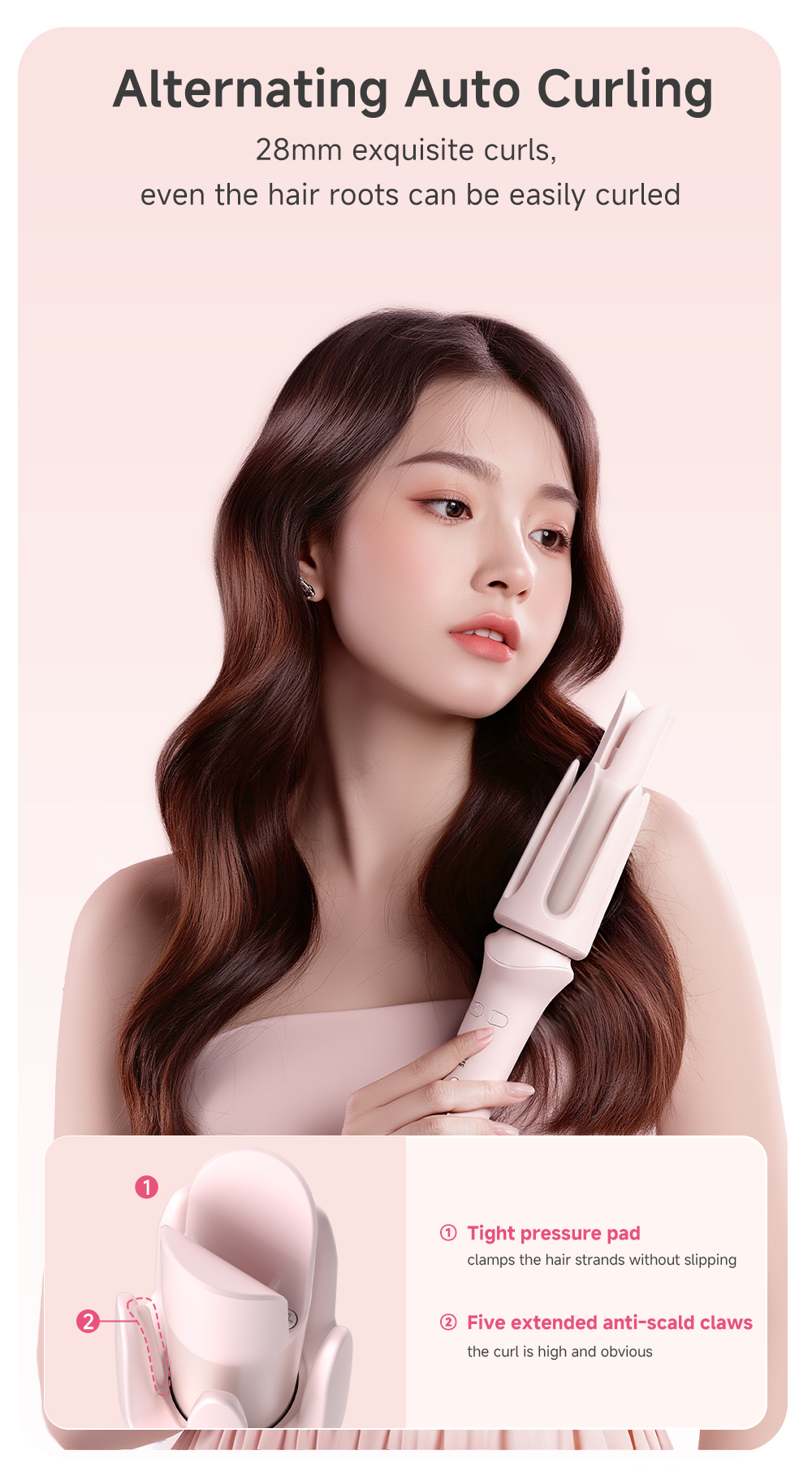 【Simplus Pink】28mm Automatic Hair Curler丨Egg Roll Style丨3 Temperature丨 ...
