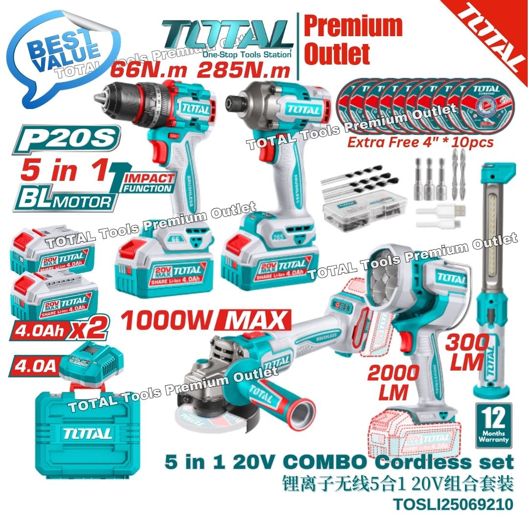TOTAL Tools 20V 5 in 1 Limited edition COMBO BL Cordless tools 锂离子无线5合1 20V组合套装 - TOSLI25069210 ...