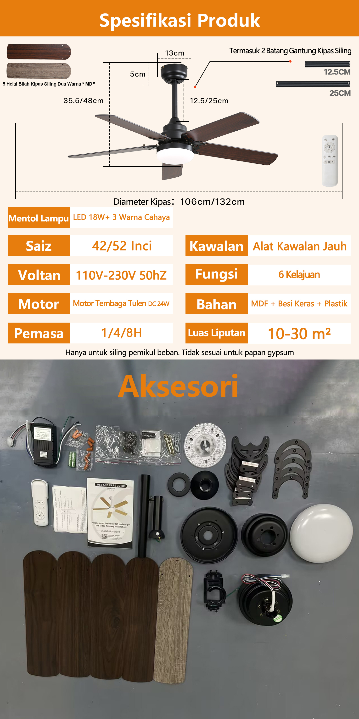 COD 42/52″ Kipas Siling Inverter Moden Lampu Ringkas Saiz Besar untuk ...