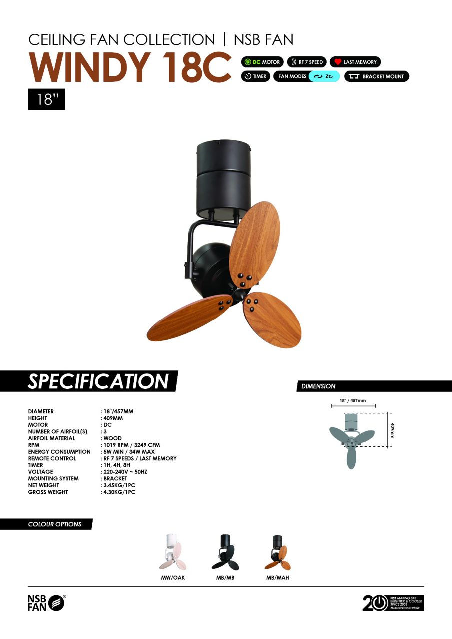 NSB FAN WINDY 18W / WINDY 18C 18 Inch DC Motor 3 Wood Blades Wall ...