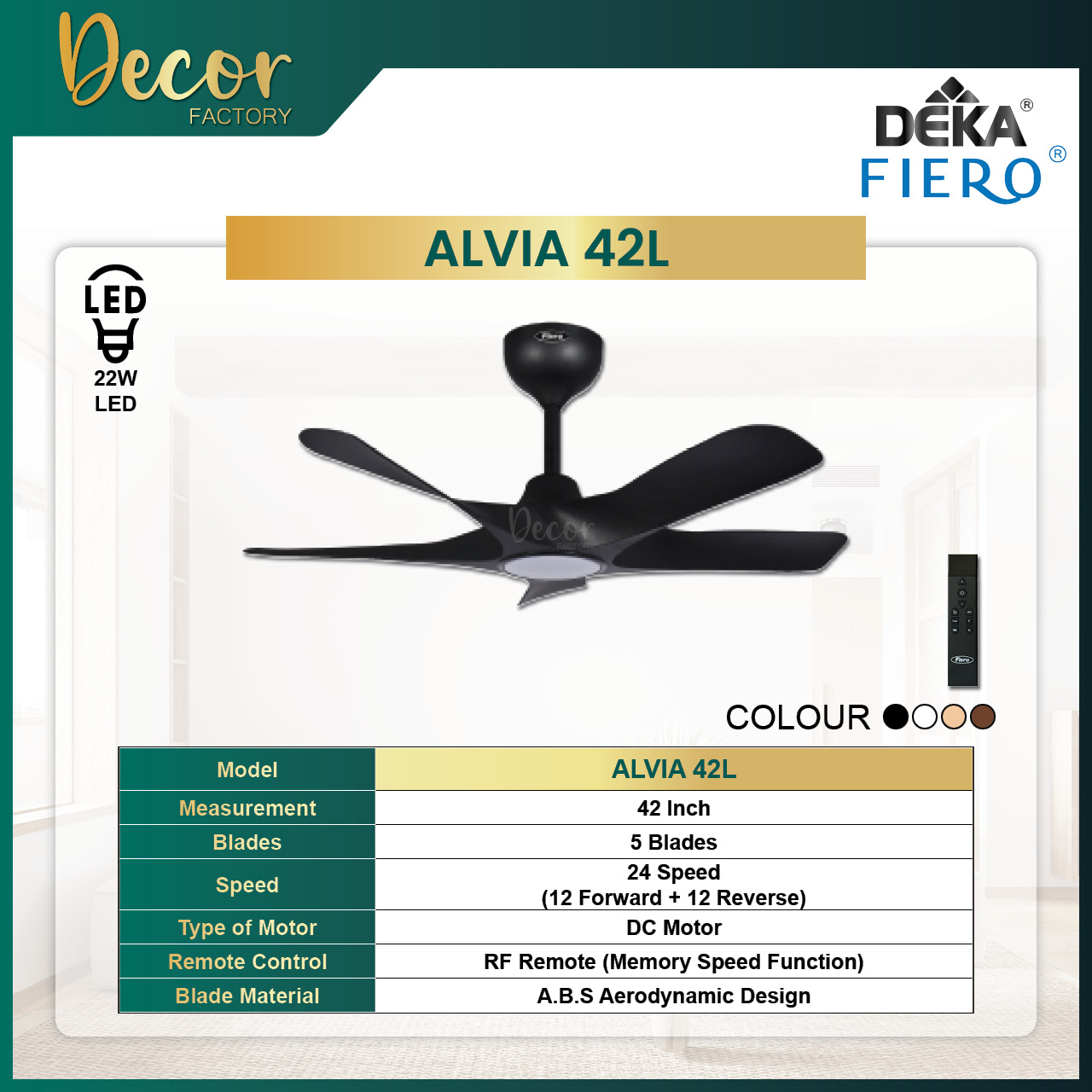 DEKA FIERO Fan FIERO ALVIA 42 Inch 5 Blades 24 Speed DC Motor With ...