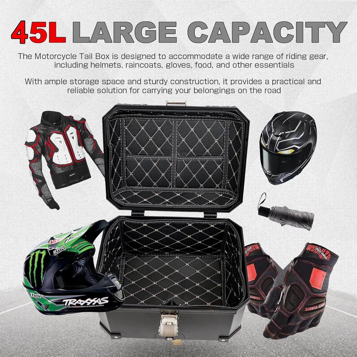 45L Motorcycle Tail Box Top Case Lockable Luggage Helmet Storage Rear ...