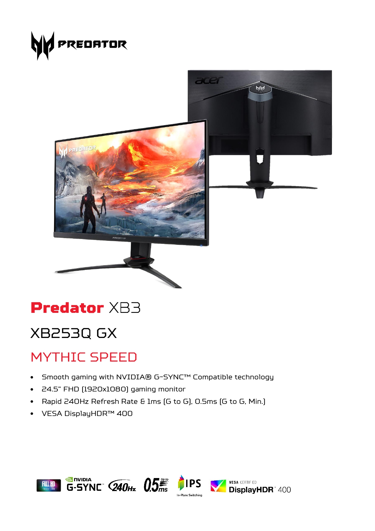 ACER PREDATOR XB253Q GX 24.5" GAMING MONITOR ( 24.5" IPS FHD / 0.5MS ...