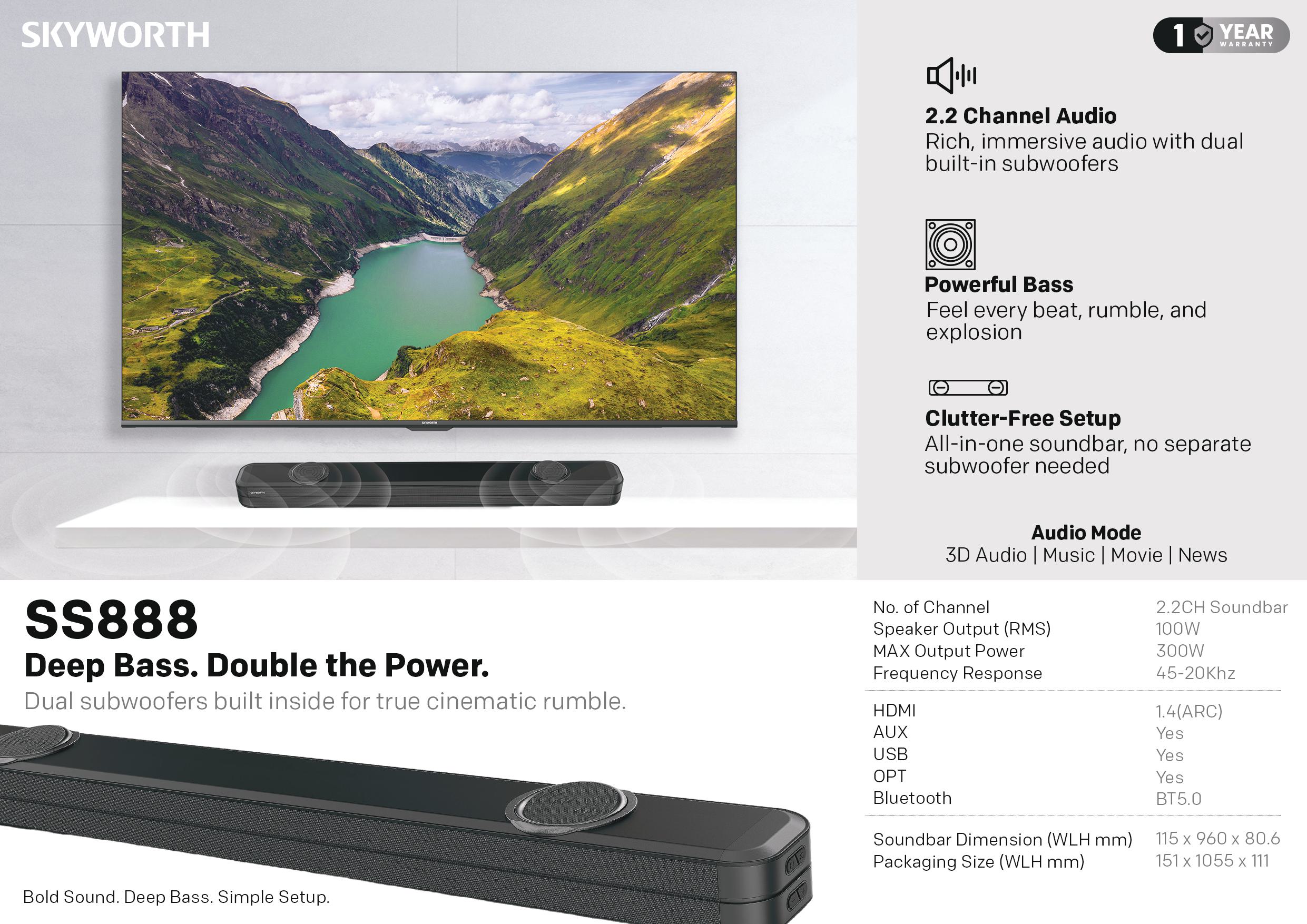 Skyworth 2.2CH Built In Subwoofer Soundbar SS888 (Max Speaker Output ...