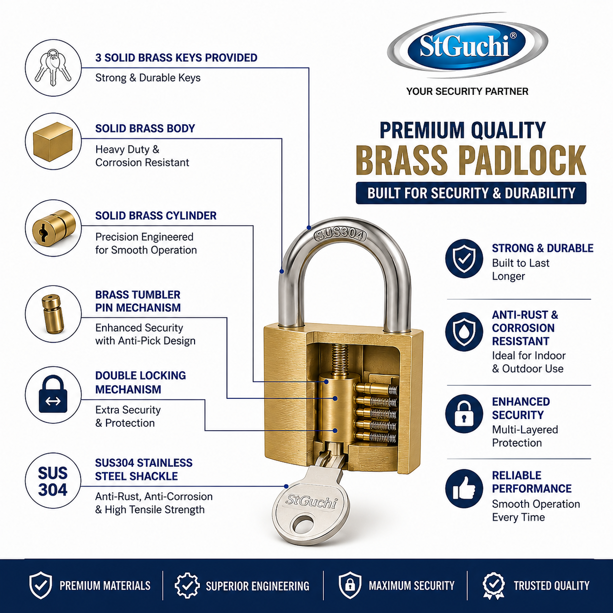 ST Guchi SGPL-81 Brass Padlock 30mm Heavy Duty Security Lock with Keys ...