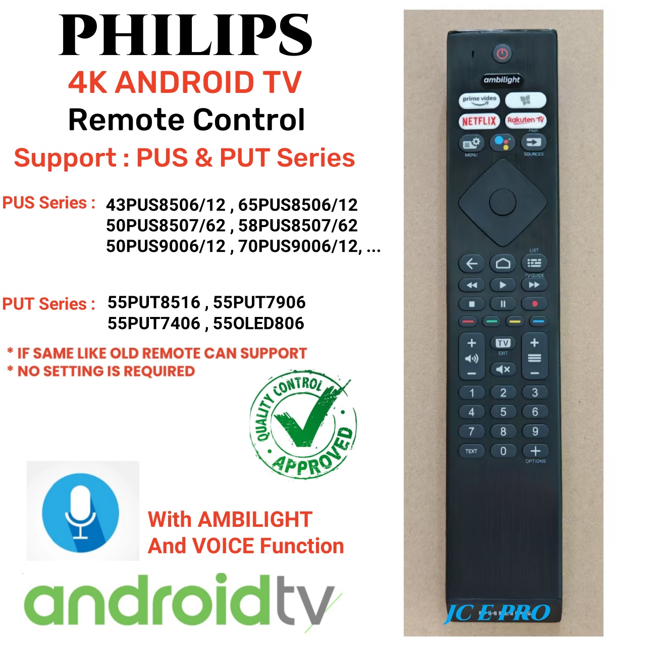 Philips AMBILIGHT Android 4K Remote Control 55PUT7906 PUS Series & PUT ...