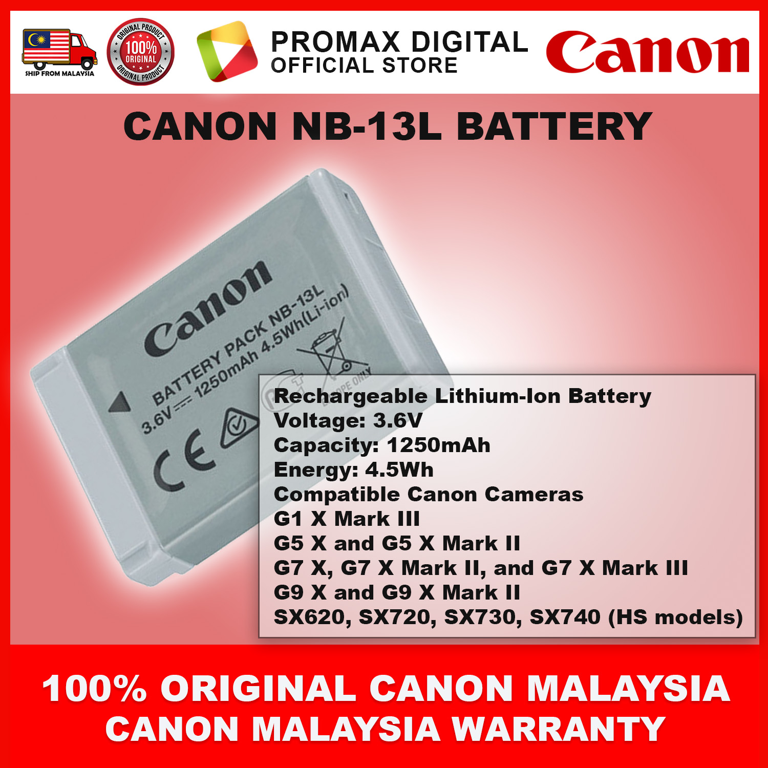 CANON NB-13L RECHARGABLE LITHIUM-ION BATTERY 3.6V 1250mAh 4.5 Wh (NO BOX) | Shopee Malaysia