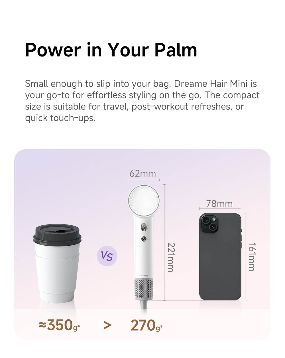 Dreame Mini Hair Dryer | 270g Lightweight | 100,000RPM | 4 Temps & 2 Speeds | 200M Negative Ions ...