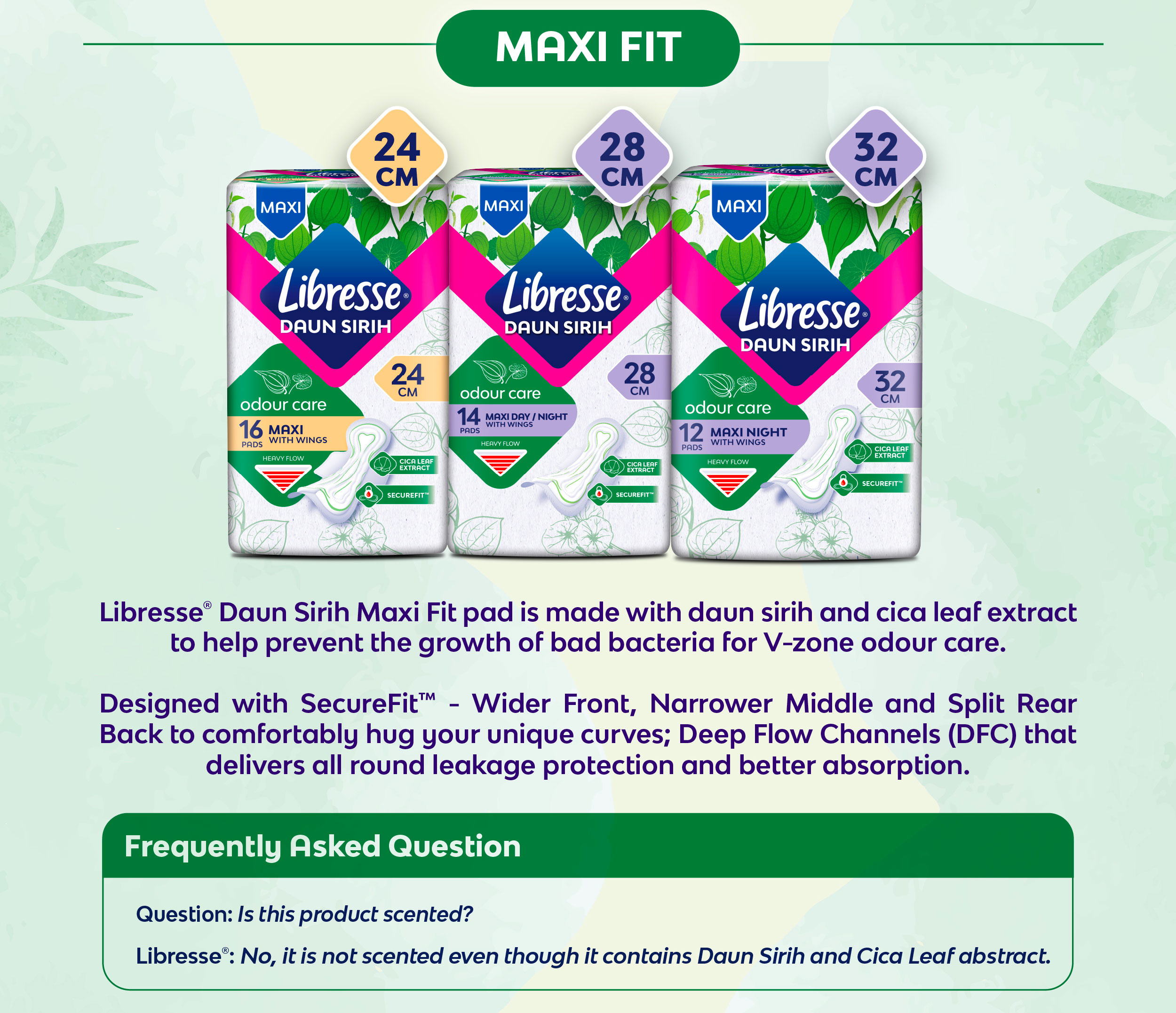Libresse Daun Sirih Maxi Non-Wings Pads 28cm (16s) - Odour Care, Secure ...