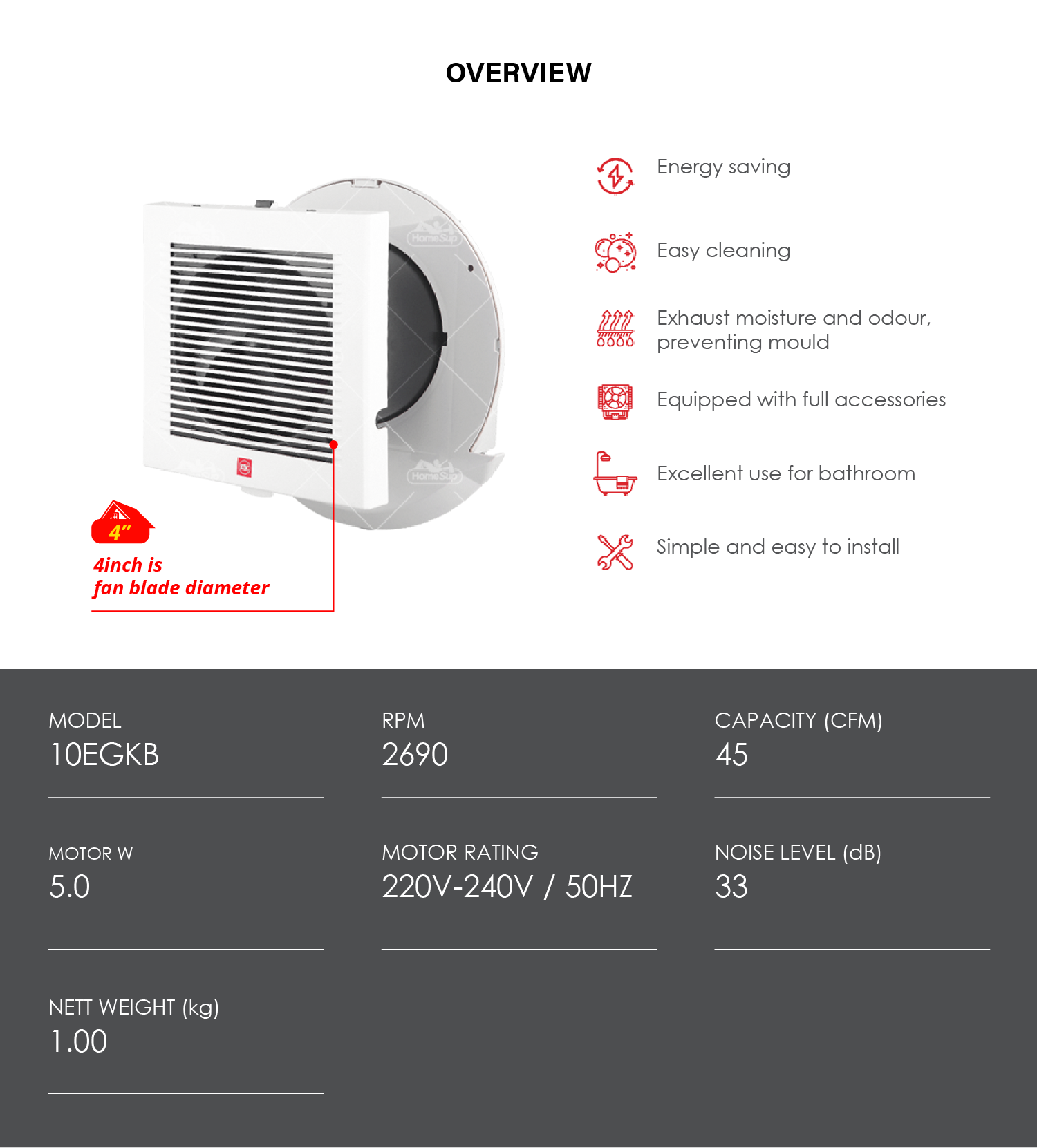 KDK 10Egkb Exhaust Fan – 4 Inch Fan Blade, Wall Mounted, Bathroom, Egkb ...