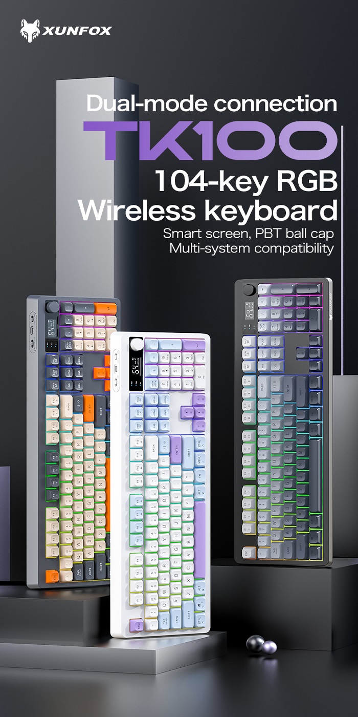 XUNFOX TK100 Bluetooth Wireless Keyboard Dual-Mode E-Sports Gaming RGB ...