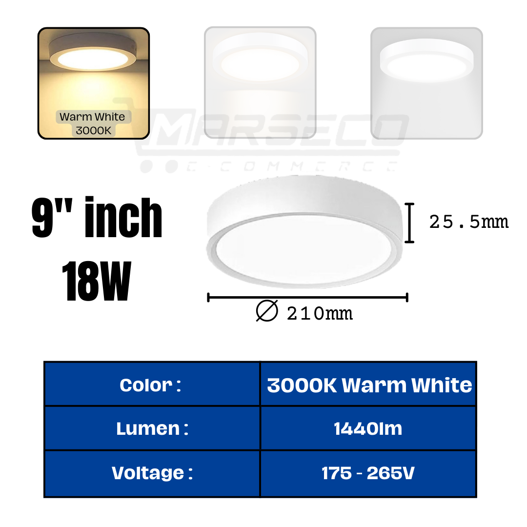 9" Surface LED Downlight Round Mentol [No Plaster Ceiling Needed] Lampu ...