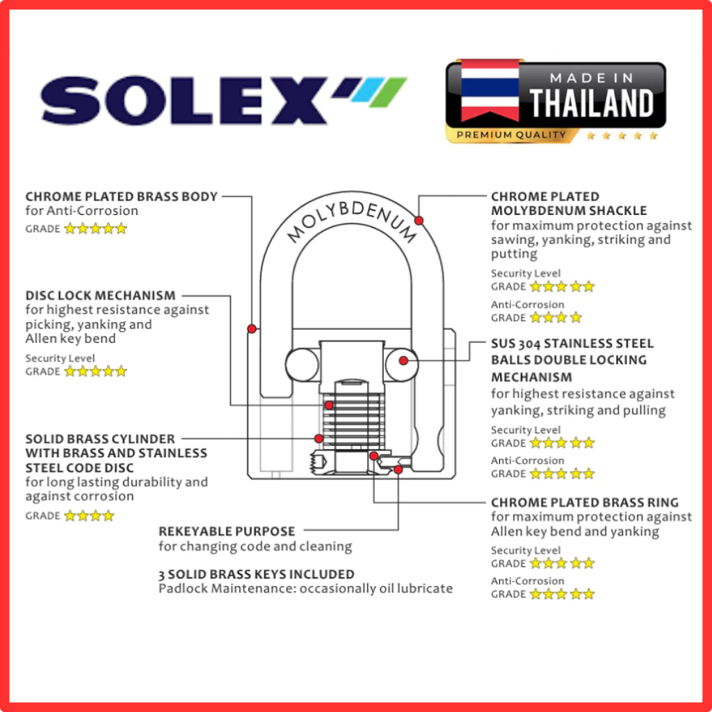 SOLEX [100% THAILAND] Padlock G5 Series Heavy Duty Anti-Cut Padlock Key ...