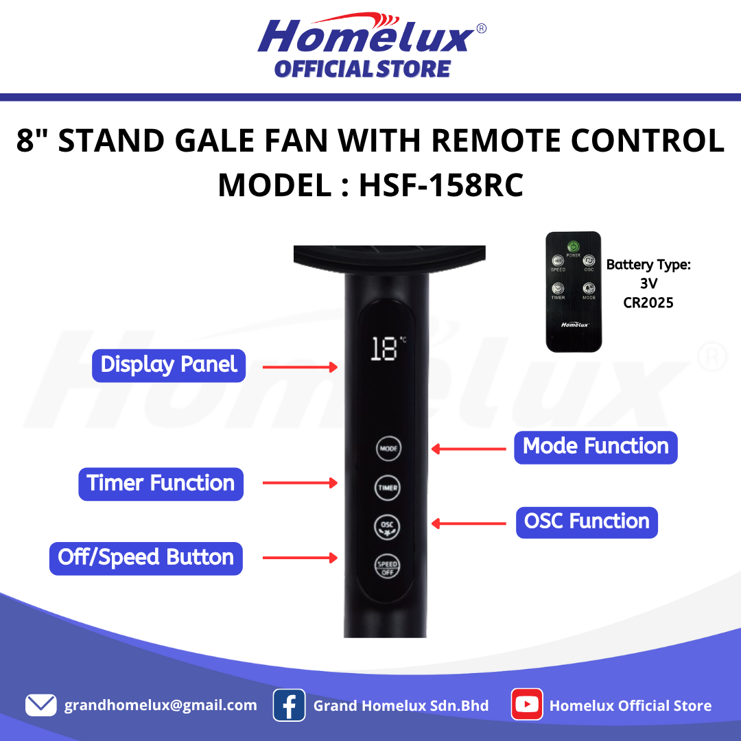 HOMELUX 8" STAND GALE FAN WITH REMOTE CONTROL HSF-158RC KIPAS KAWALAN ...