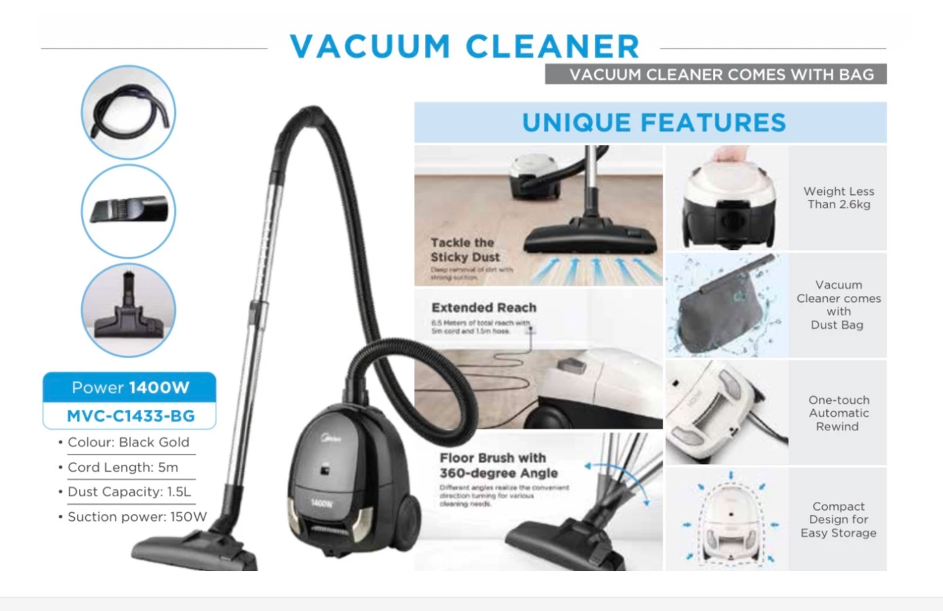 Midea Bagged Vacuum Cleaner 1400W with HEPA Filter MVC-C1433-BG / 1.5L ...