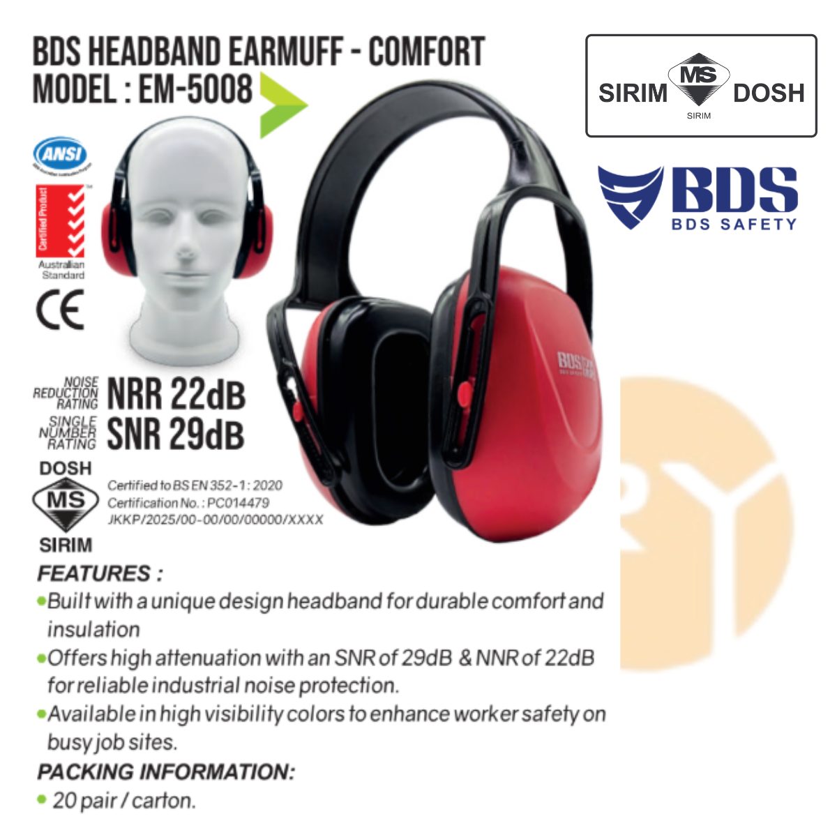 [SIRIM DOSH] BDS EM-5008 Headband Over-The-Head Safety Earmuff Ear ...