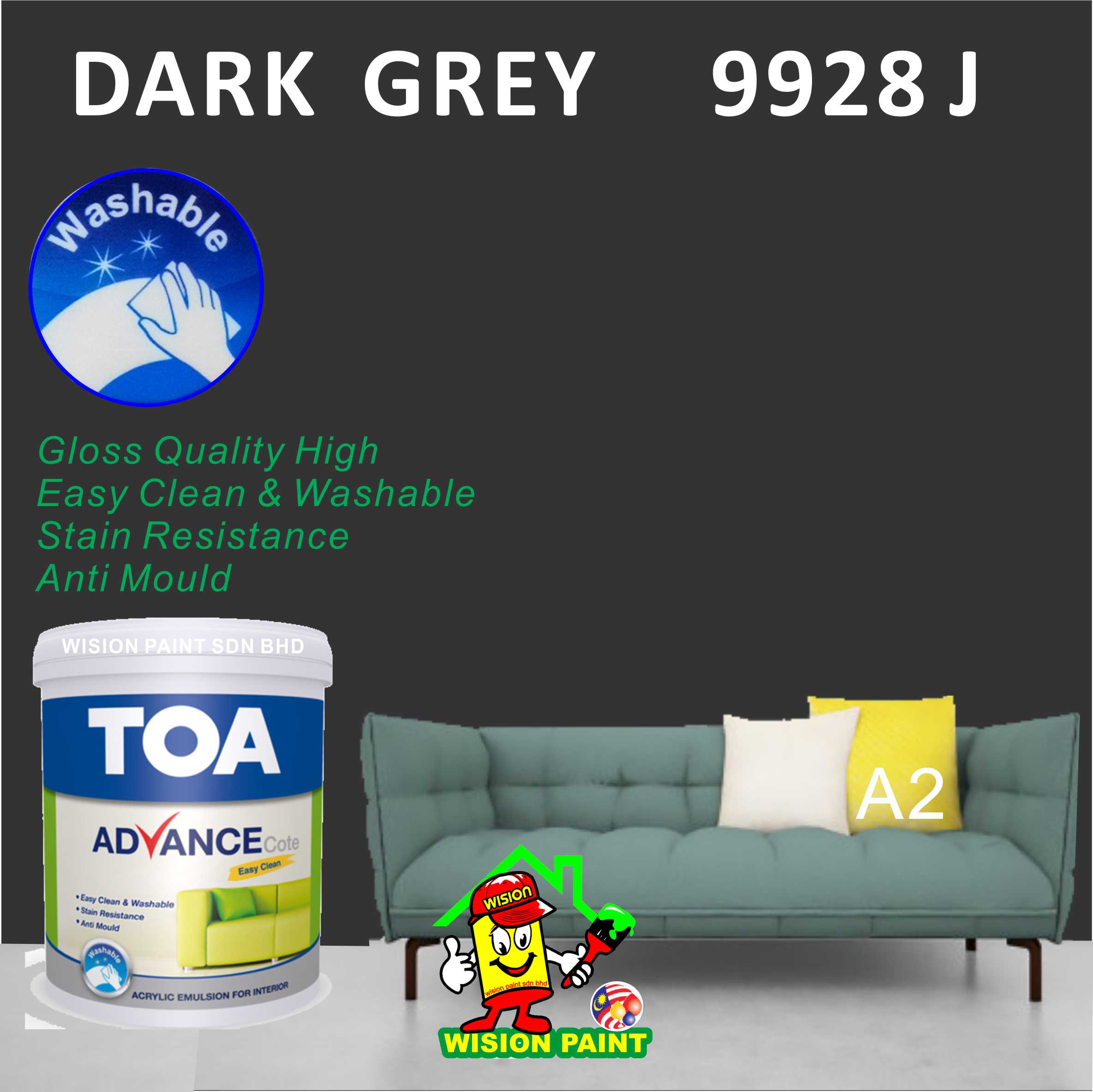 DARK GREY 9928J** ( 5L ) TOA PAINT ADVANCE COTE EASY CLEAN GLOSSY ...