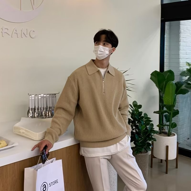 Kemeja polo lelaki lengan panjang rajutan warna pepejal gaya Korea ...