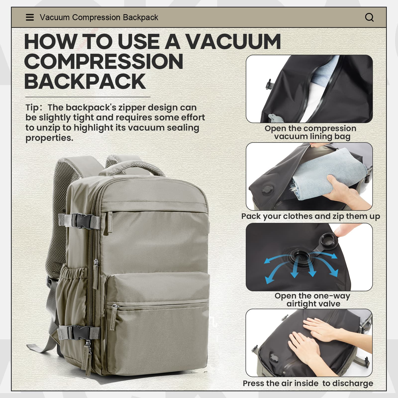 Vacuum Compression Travel Backpack with Pump, Waterproof Airback Carry ...