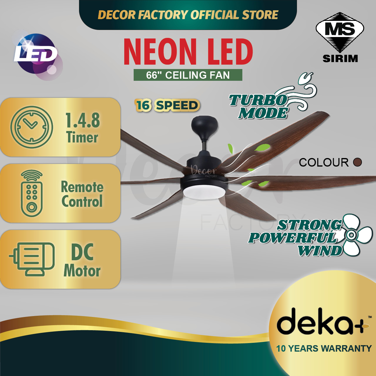 DEKA+ NEON LED Ceiling Fan 66” 6 Blade 16 Speed Forward + Reverse ...