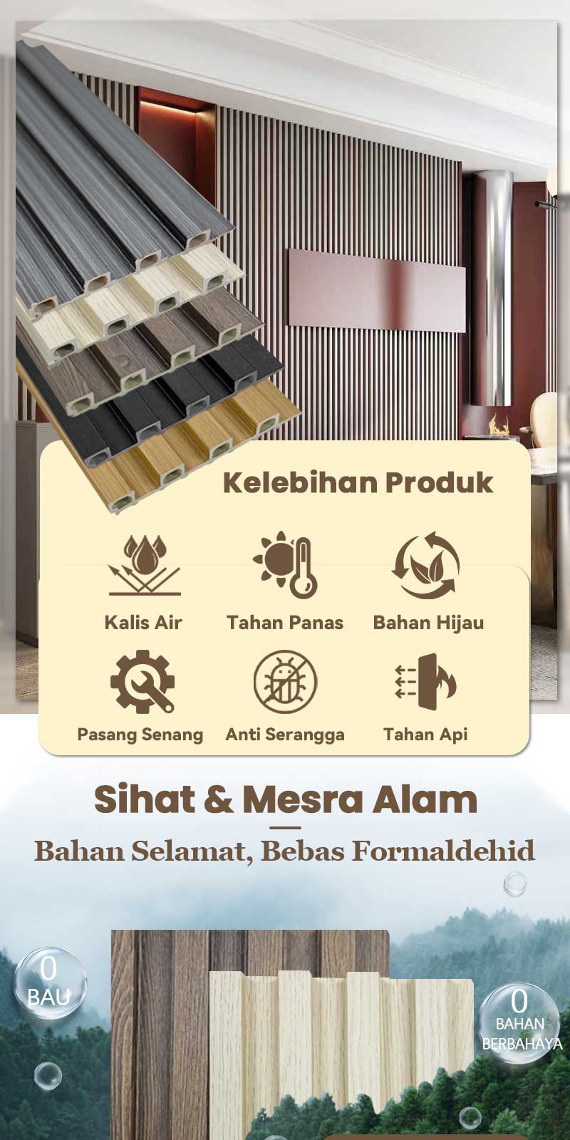 Hiasan Dinding Bilik Fluted Panel Kayu 10PCS PVC/WPC 10ft Cocok Ruang ...