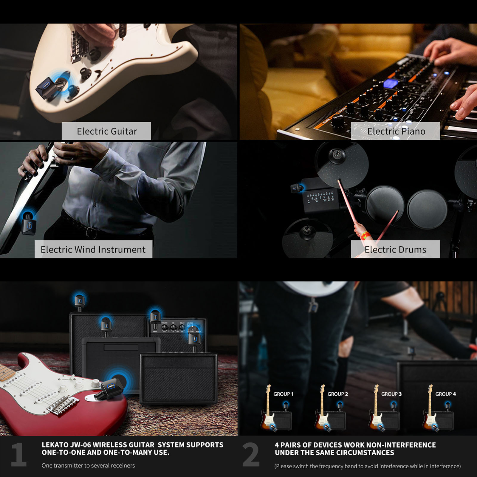 LEKATO Wireless Guitar System Rechargeable Guitar Wireless Transmitter ...