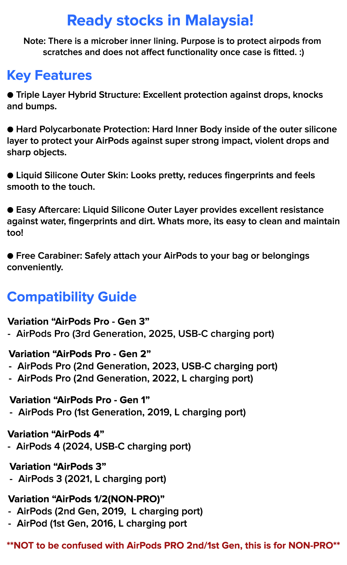 (MY) LionShield AirPods Pro Gen 3/2/1 or AirPods 4/3/2/1 Case Tri ...