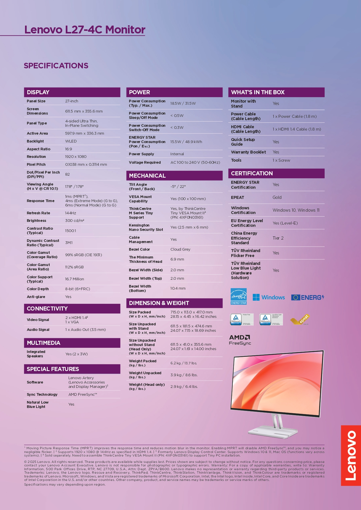 Lenovo L27i 4a 100hz L27 4c 144hz 27 Monitor With Built In