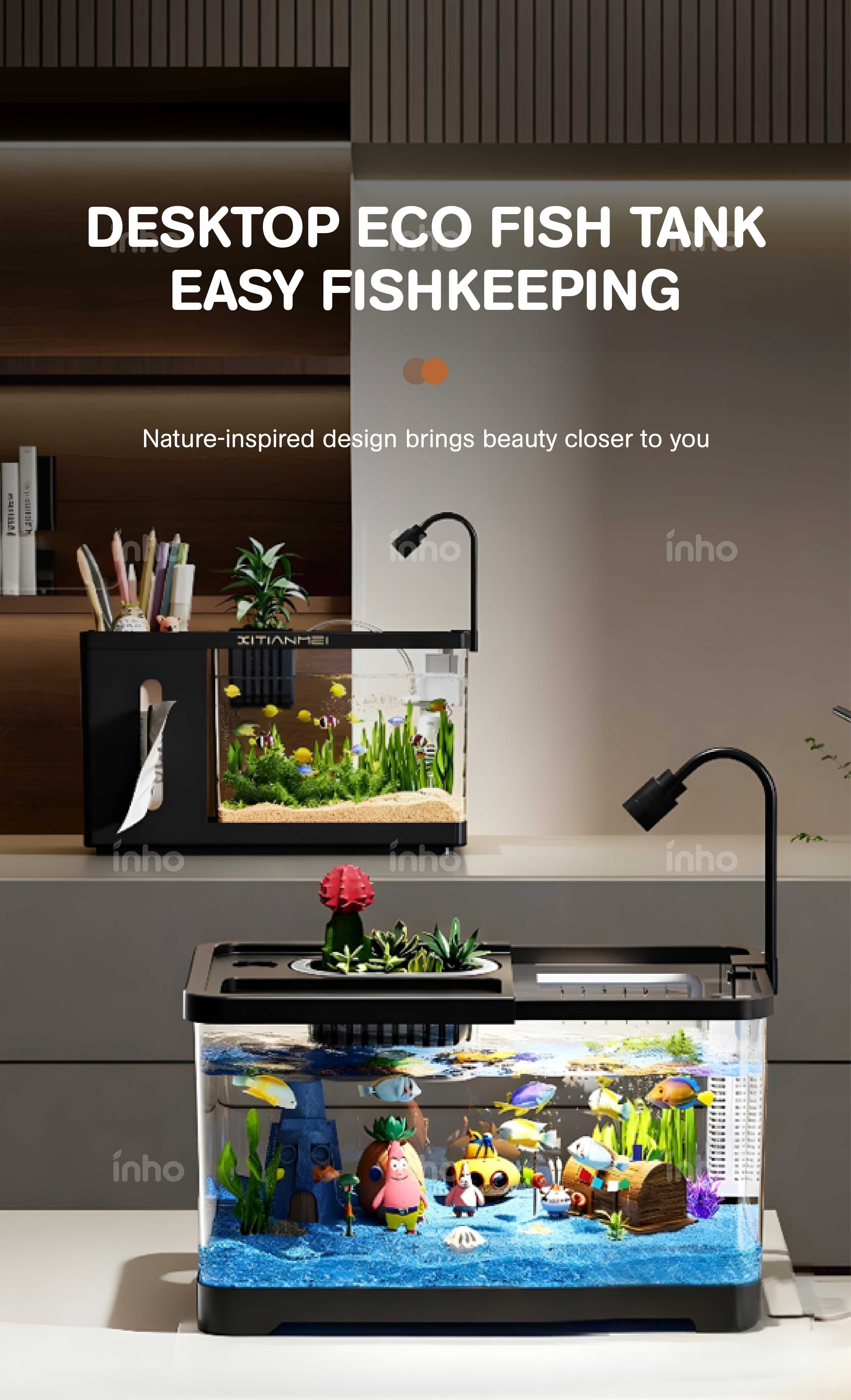 INHO 360° Panoramic 4K HD Aquarium Desktop Eco Fish Tank With Lighting ...