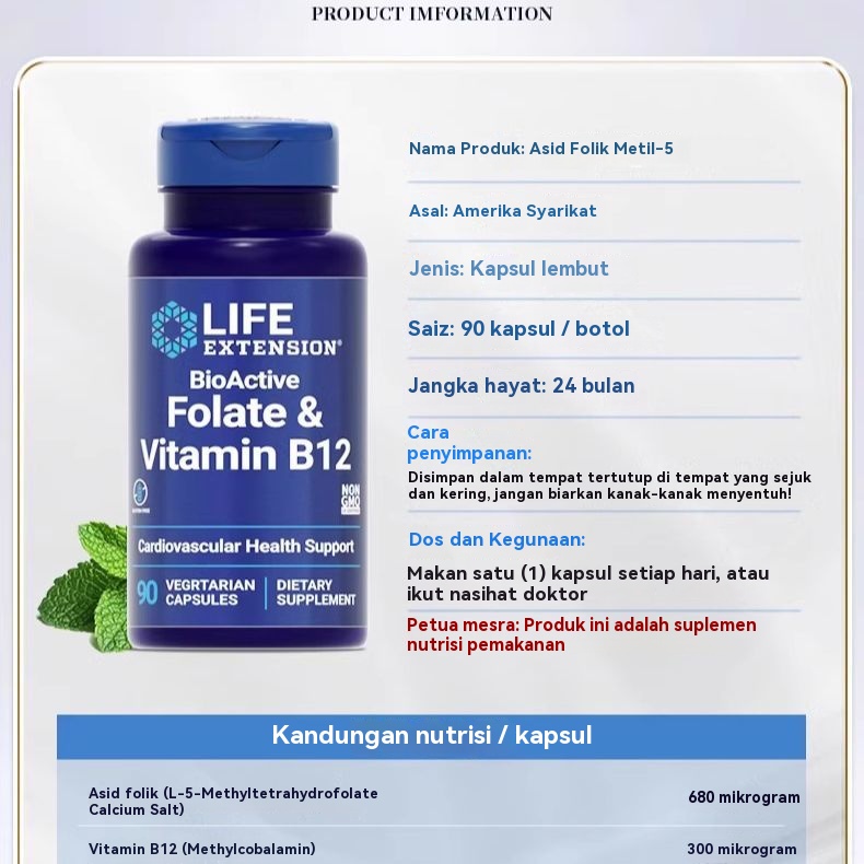 BioActive Folate & Vitamin B12, 90 vegetarian capsules [Life Extension ...
