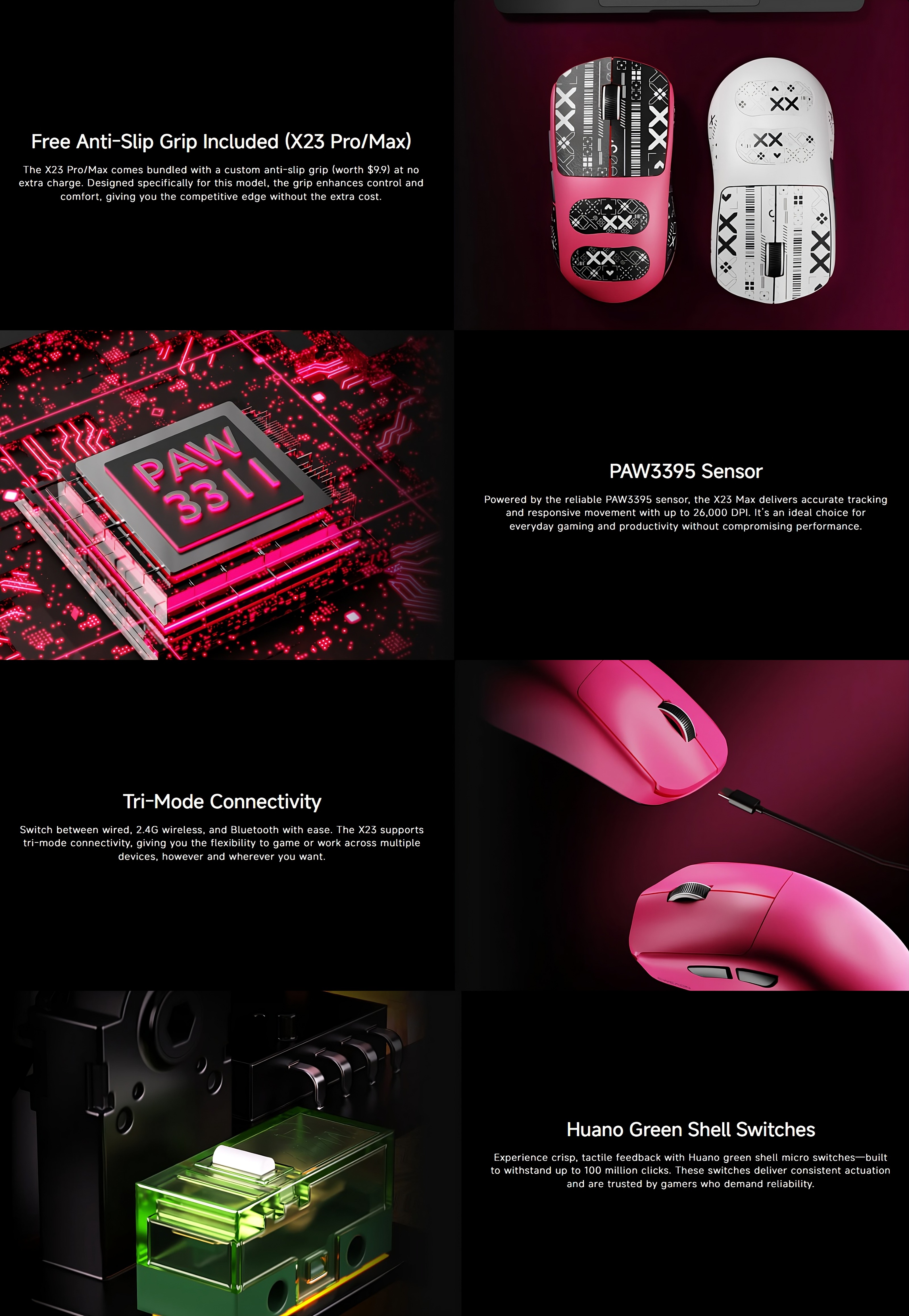 EWEADN X23 Wireless Gaming Mouse PAW3311 Tri-Mode (2.4G/BT/Wired) With 800 mAh Battery 6-Speed ...