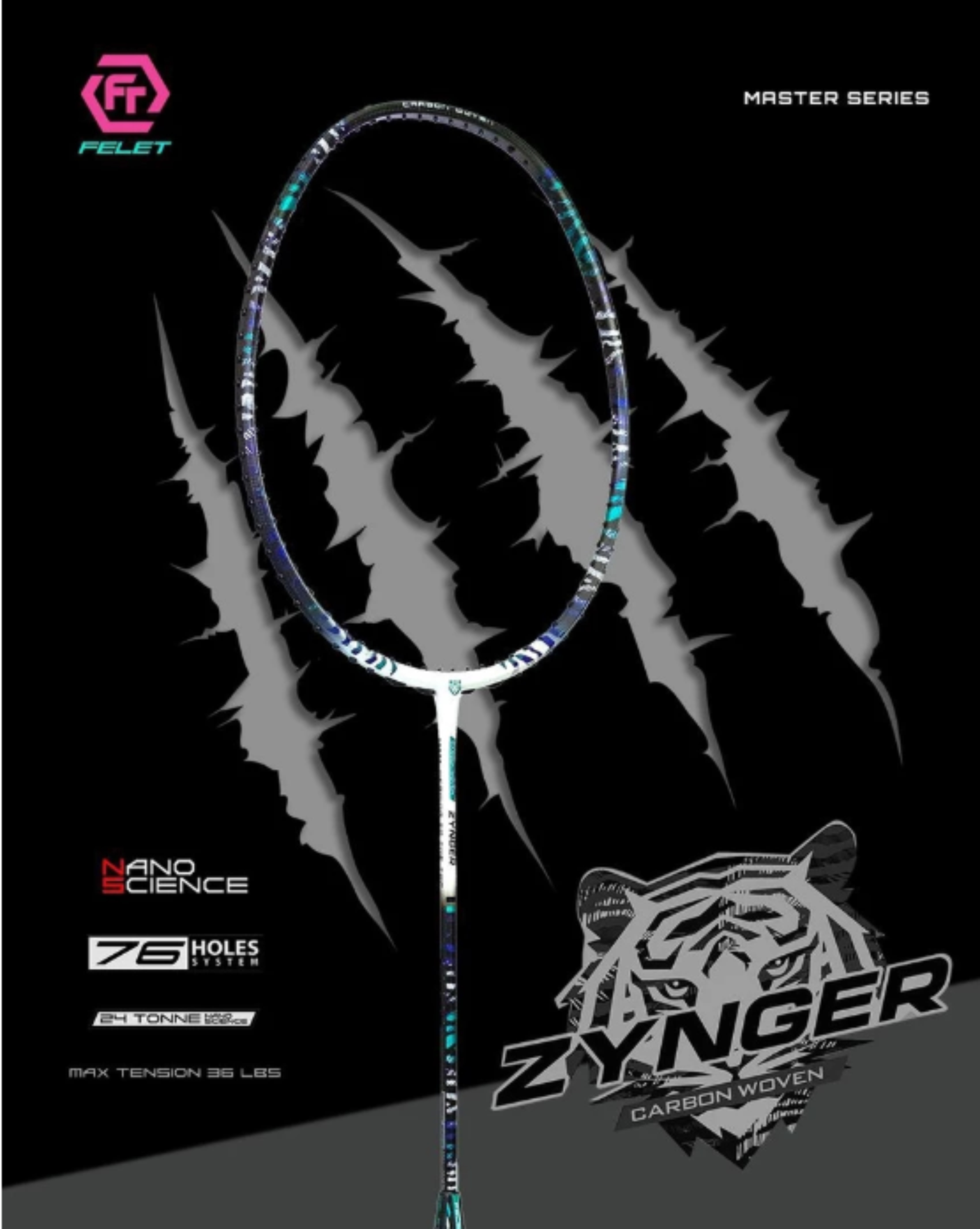 Felet ZYNGER 'White Tiger' Carbon Woven Badminton Racket Unstrung with ...