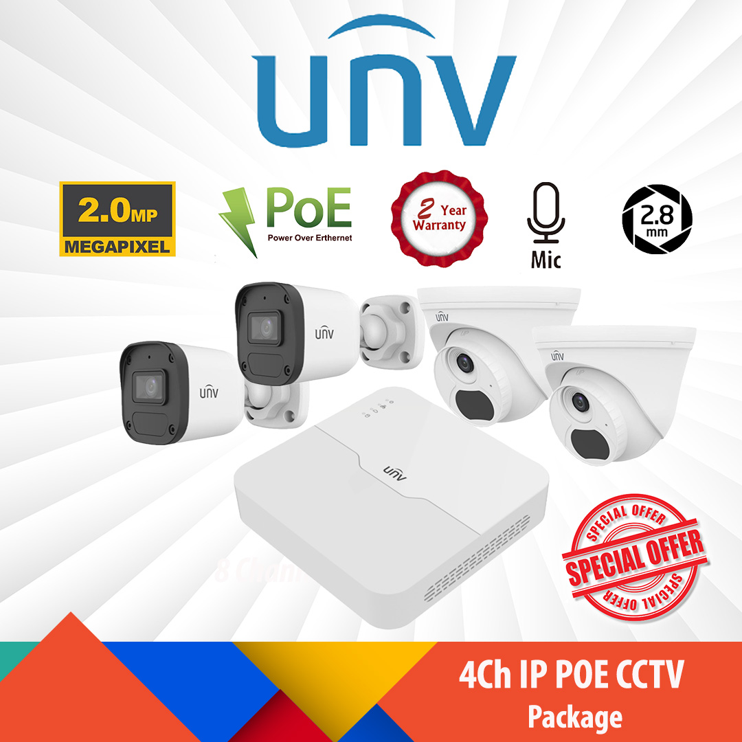 UNV Uniview 4Ch 2MP 1080p IP POE IR CCTV Package c/w 4Ch 4K POE NVR ...