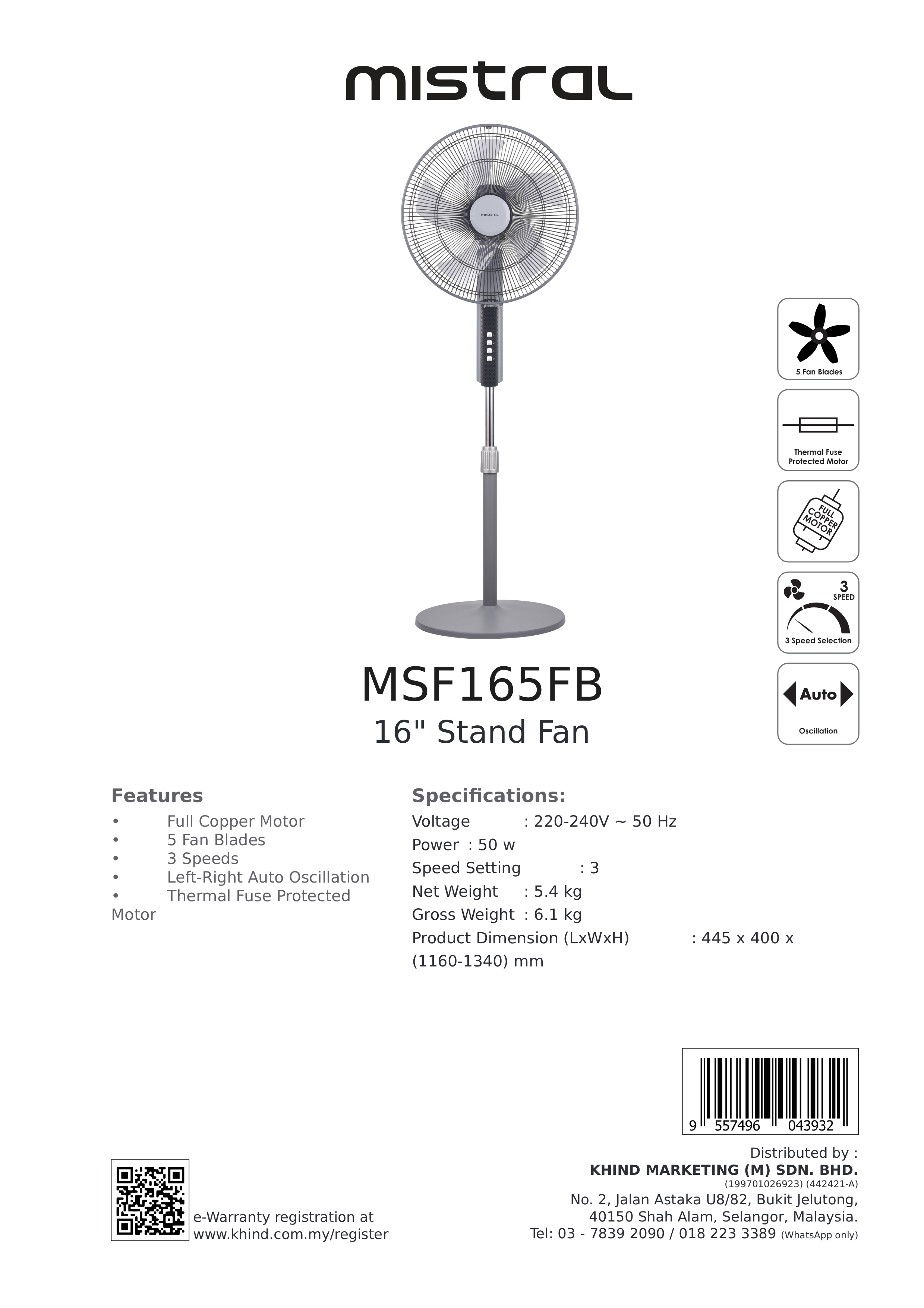 Mistral 16" AC Motor Stand Fan with 5 Blades MSF165FB | Shopee Malaysia