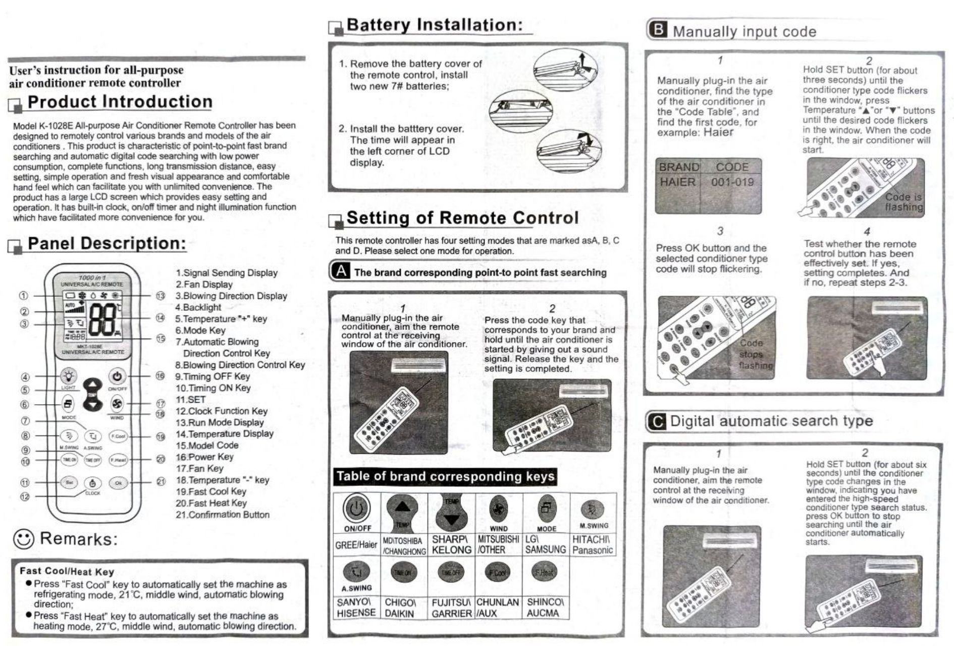 【1000 IN 1】A/C Remote Control | K-1028E | Universal Aircond Remote ...