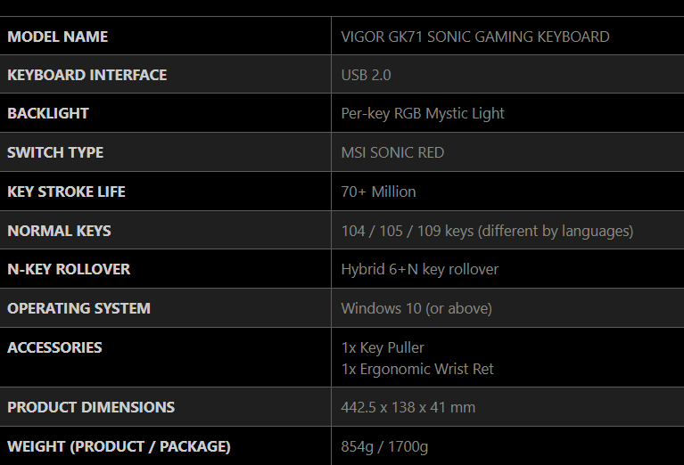 MSI VIGOR GK71 SONIC WIRED MECHANICAL GAMING KEYBOARD - LINEAR MSI ...