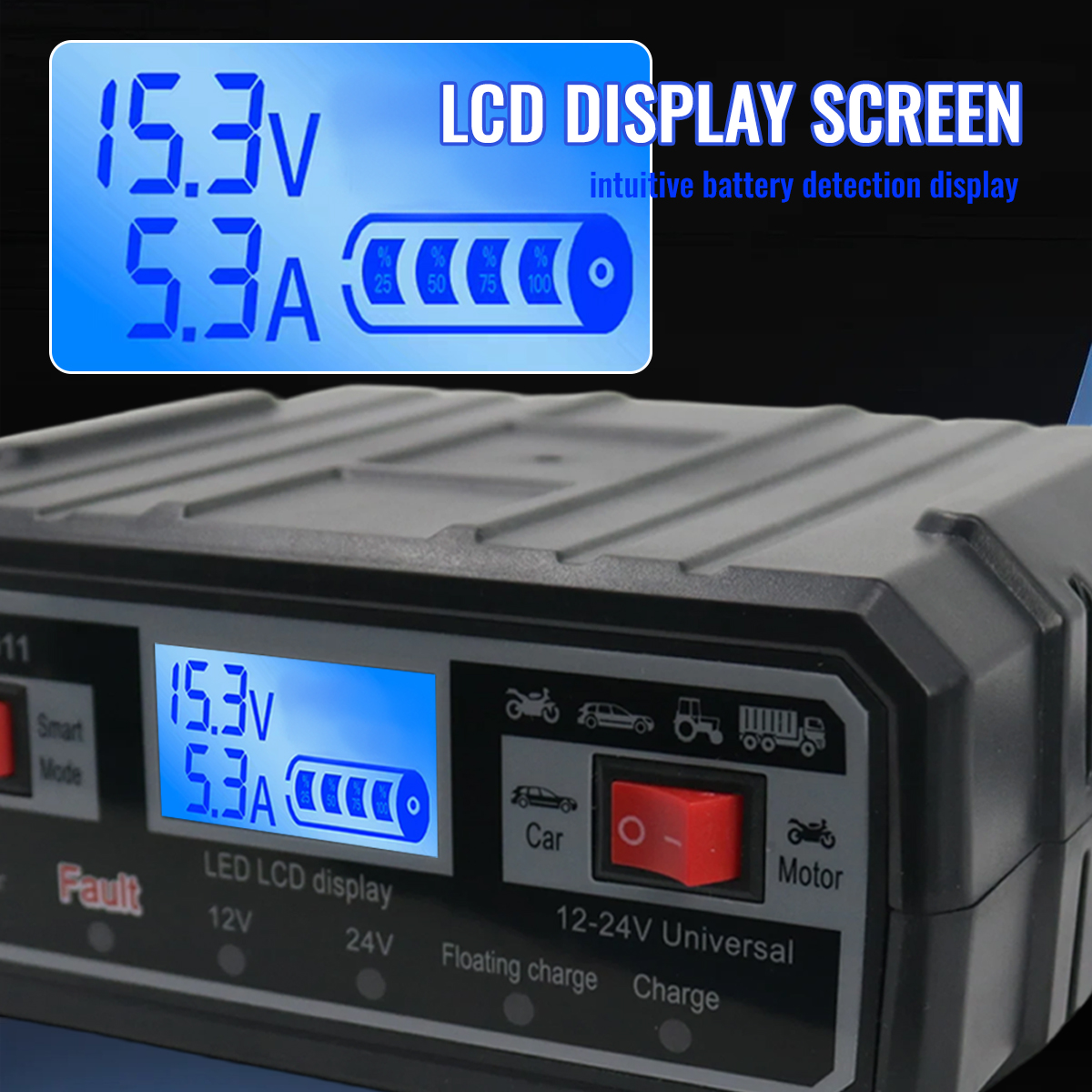 Car Battery Charger 12V/24V Intelligent Touch Screen Pulse Repair Fast Power Charging Motorcycle ...