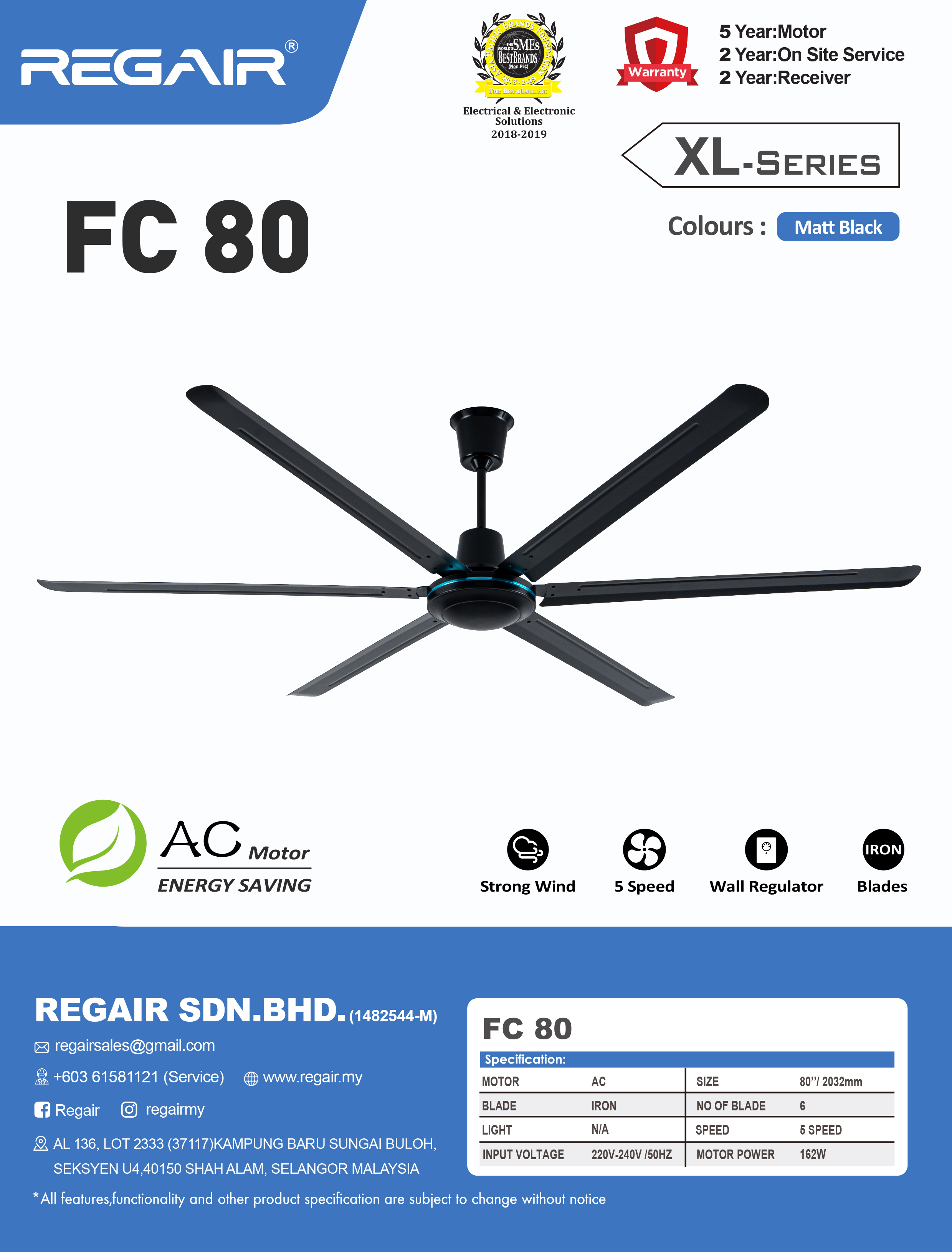 INOVO FC 80/100" Industrial Ceiling Fan AC Pure Copper Motor Wall ...