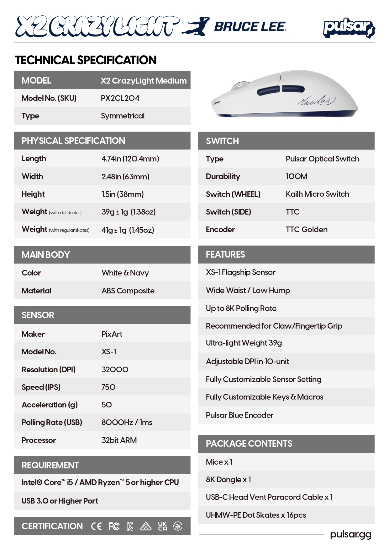 PULSAR X2 CRAZYLIGHT BRUCE LEE 85th EDITION MEDIUM GAMING MOUSE ...