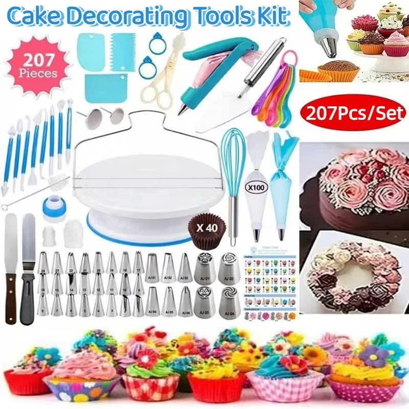 207 PCS Baking Kit for Beginners | With Turntable, Icing Bags,Tips ...