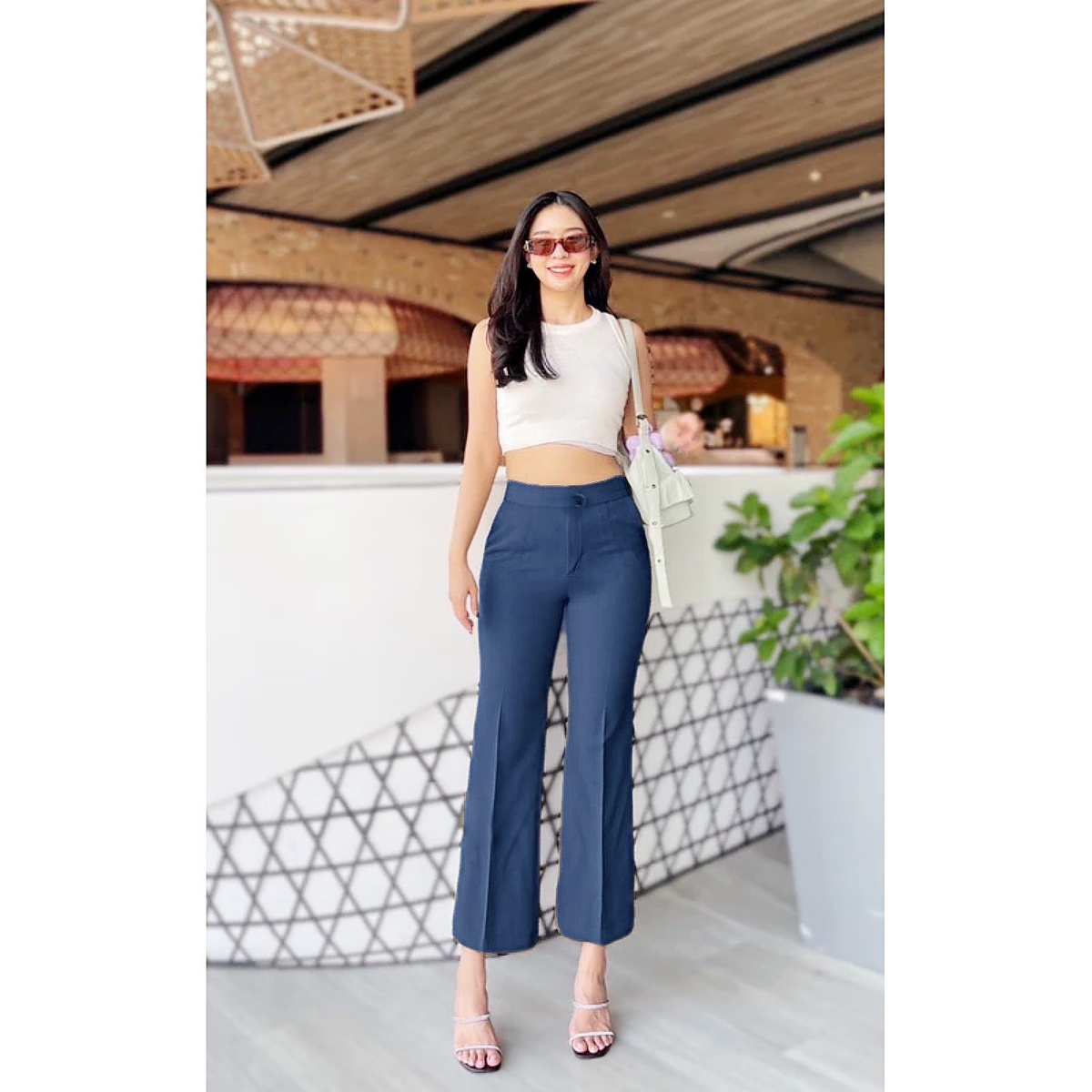 4 ColorsTrousers women suit pants Flared button zip Capri pants casual ...