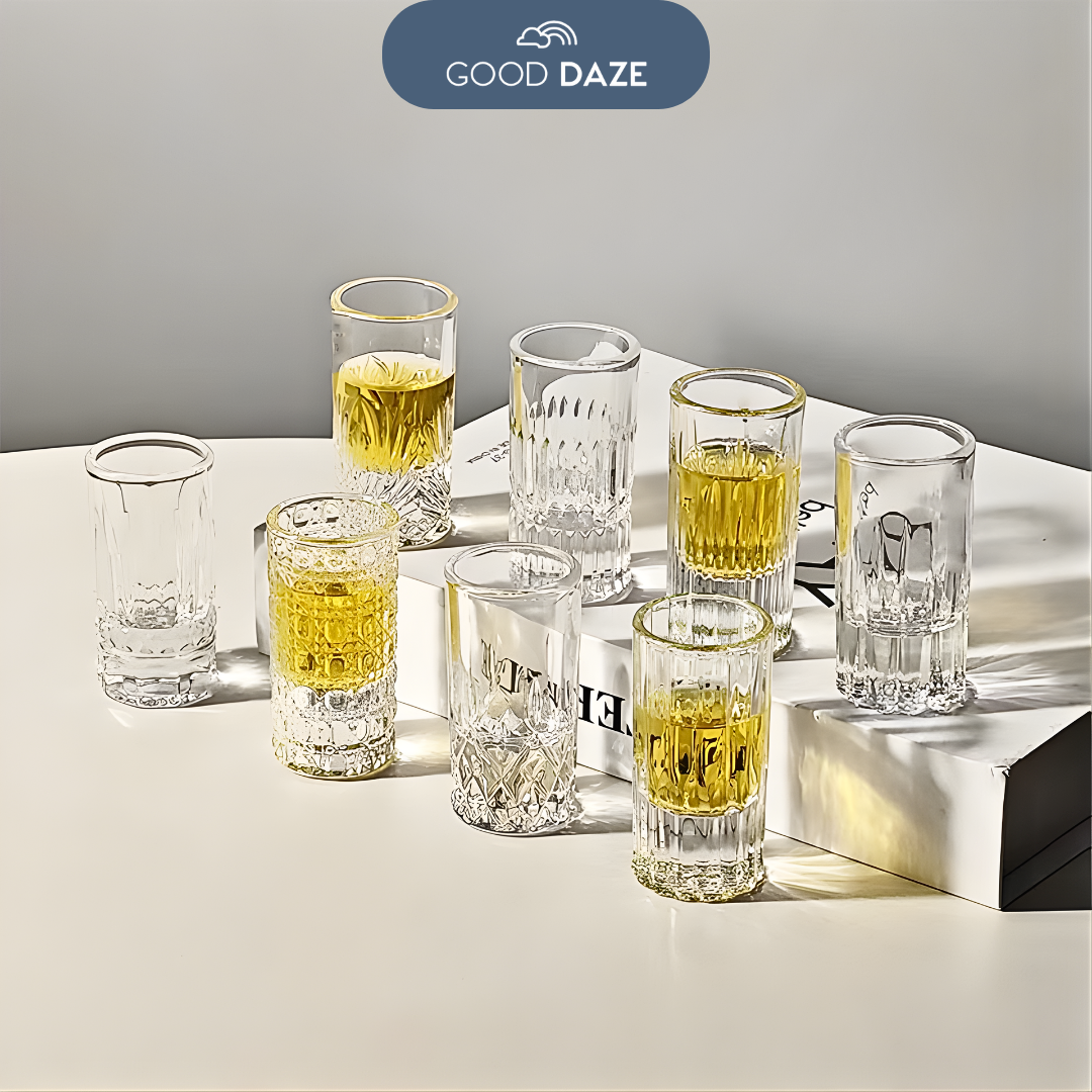 GOOD DAZE Crystal Shot Glass ACRYLIC WOODEN SHOT TRAY Set Spirit ...