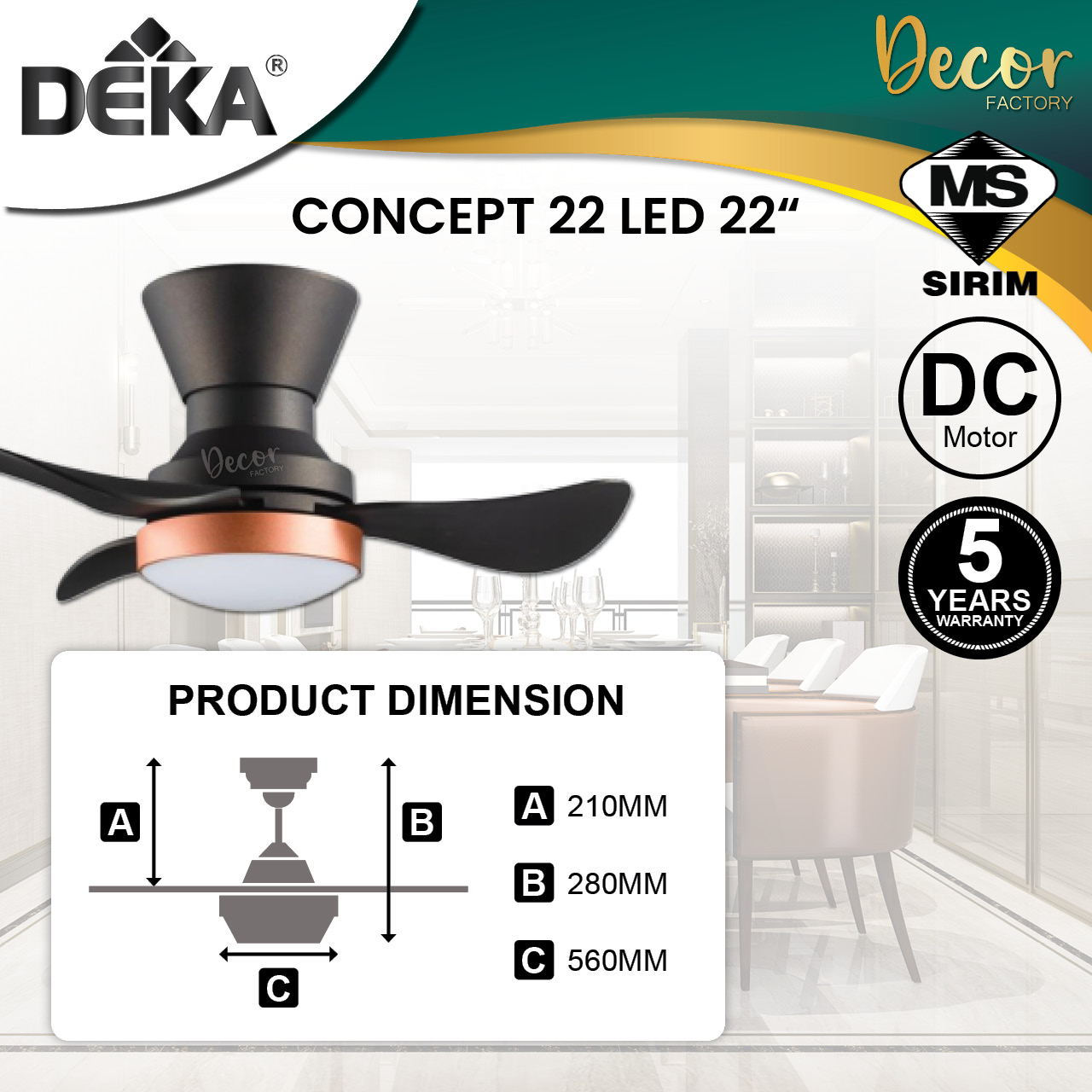 DEKA Fan DEKA CONCEPT 22 LED 22" 3 Blades 14 Speed DC Motor Remote ...