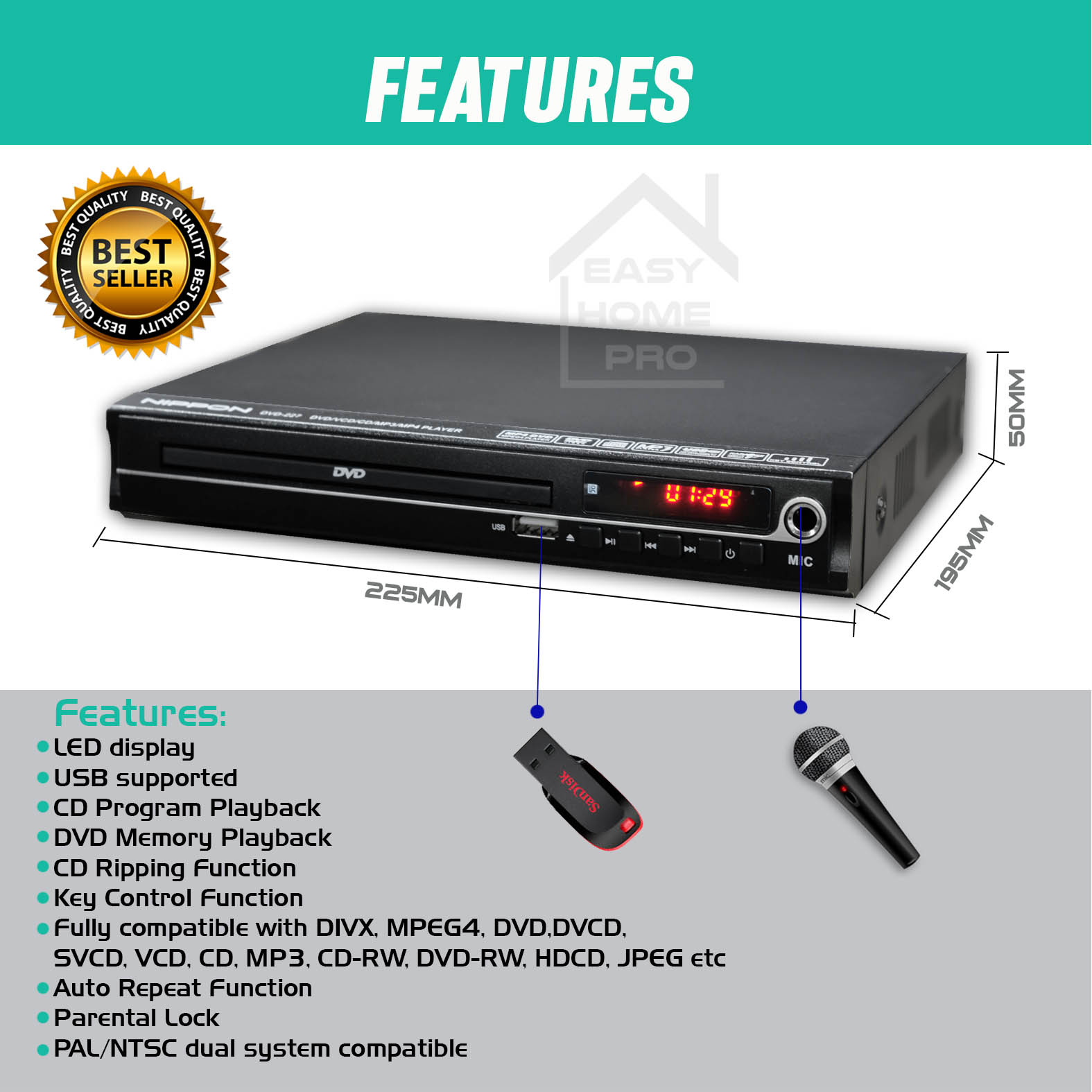 NIPPON DVD-367HD/DVD-227/DVD-226 DVD Player With DVD/CD/MP4/MP3/Karaoke ...